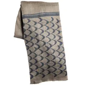 BABS BOUTIQUE NYC Neutrals / Cashmere Hand Block Printed Scarves Beige Scallop Design - Blue
