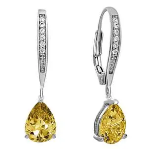 GENEVIVE Sterling Silver White Gold Plating Pear-shaped Cubic Zirconia Dangle Earrings - Yellow