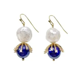 FARRA Blue / White Freshwater Pearl With Blue Aventurine Dangle Earrings - Blue/white