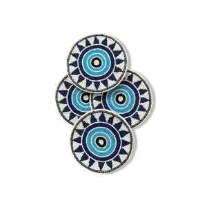 CASA DUNIYA Blue / White Hand-beaded Blue & White Evil Eye Glass Bead Coasters Set Of Four - Blue/white
