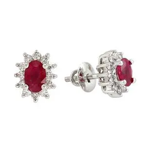 ARTISAN White / Red Ruby & Diamond Halo Stud Earrings In 18k White Gold - White/red