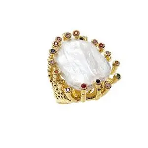 FARRA Flat Baroque Pearl With Colorful Zircon Cocktail Ring - White