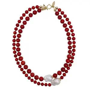 FARRA Coral With Baroque Pearls Double Strands Necklace - Red