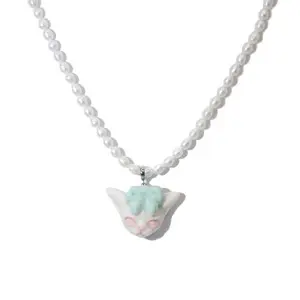 H2 STUDIO Angry Puss Mint Bow Tie Freshwater Pearl Necklace Green