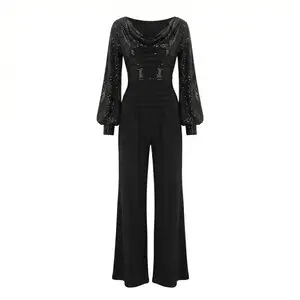 ATOM LABEL Indium Jumpsuit With Bell Sleeve In Sequin - Black