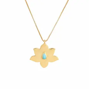 OPIUM JEWELS Gold / Blue Water Lotus Necklace Gold With Turquoise - Gold/blue