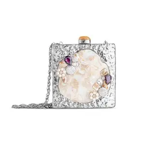 AMAANALUX Mother Of Pearl Gem Clustered Metal Clutch Bag - Silver