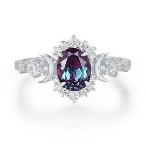 AZURA JEWELRY NEW YORK Galactic Oval Cut Alexandrite And White Topaz Ring In White Gold Vermeil - Silver