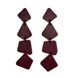 WAIWAI Geometric Cascade Leather Earrings Burgundy - Red