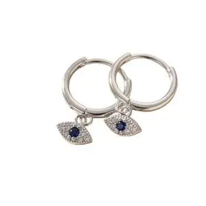 HARFI Minimalist Small Evil Eye Charm Dainty Hoop Sterling Earrings - Silver