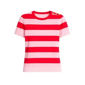 YUMI Block Stripe Knitted Top With Button Details - Red