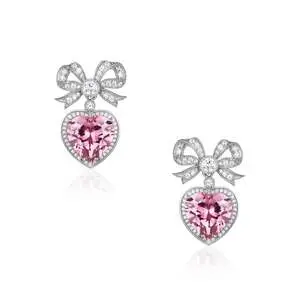 SANTINNI Princess Bow & Crystal Heart Earrings - Silver