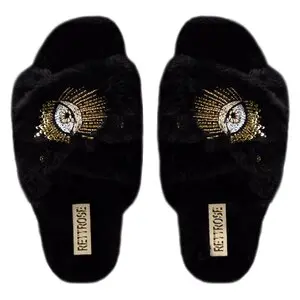 RETTROSE Blake Luxury Plush Diamanté Embellished Handmade Slipper - Black