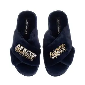 LAINES LONDON Classic Laines Slippers With Classy Cunt Brooches Navy - Blue