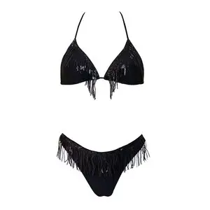 AULALA PARIS The Midnight Fringe Sequin Bikini - Black