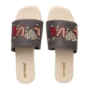 RETTROSE Harmony Luxury Plush Diamanté Embellished Handmade Sliders - Grey
