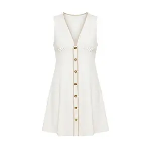 MODENAIRE Contrast Trim Mini Dress Button Front - White
