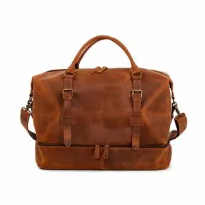 TOURI Genuine Leather Holdall Weekender With Extra Compartt - Brown