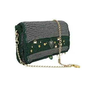 HILO DE MAR Green / Grey Morrina Hand Knitted Bag With Charms Grey & Green - Green/grey