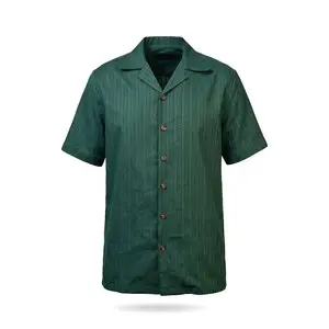 STOVARIA Handwoven Hemp Camp Collar Shirt In Forest With Natural Dye & Coconut Shell Buttons - Green