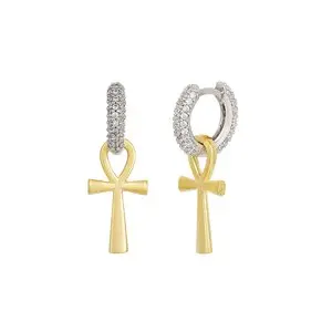 SPERO LONDON Gold / Silver Sterling Silver Egyptian Ankh Zirconia Hoop Earring - Gold/silver