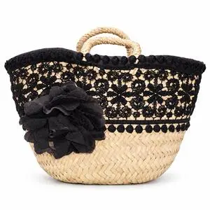 MARIELĒ Piccola Woven Straw Beach Bag With Lace Trim