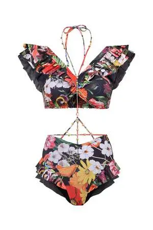 LUNA B Ophelia One-piece Swimsuit With Floral Print And Ruffle Trim - Black