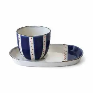 Lali Design Studio Blue / Red Enjoy Navy Espresso Cup And Snack Plate Set Porcelain - Blue/red