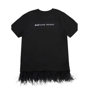 Baé Special Moments T-shirt Dress With Removable Feathers And "baéyond Trendy" Slogan - Black