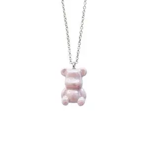 POPORCELAIN Sweet Pink Porcelain Teddy Bear Necklace, Tone - Silver