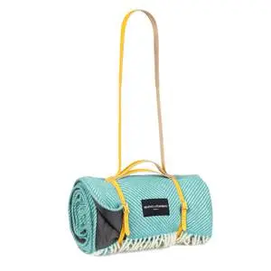 HEATING & PLUMBING LONDON Pure New Wool Picnic Blanket Cornish Cove Long Yellow Strap - Blue