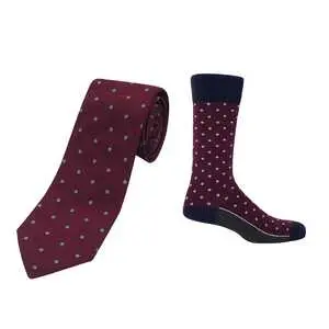PEPER HAROW - MADE IN ENGLAND Burgundy Pin Polka Tie & Socks Groom's Set - Red
