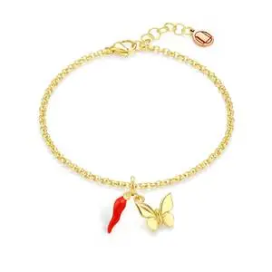 UNALOE Vermeil Cornicello & Butterfly Red Enamel Charm Bracelet - Gold