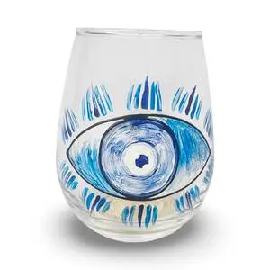 CASA DUNIYA Hand-painted Evil Eye Maryam Stemless Glasses Set Of Six - Blue