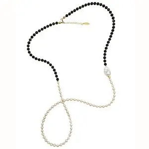 FARRA Black Obsidian And White Freshwater Pearls Long Necklace - White/black