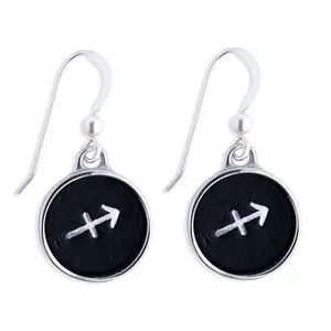 N'DAMUS LONDON Silver / Black Zodiac Sagittarius Black Leather Earrings - Silver/black