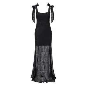 LITA COUTURE Ribbon-strap Flared Maxi Dress In Lace - Black