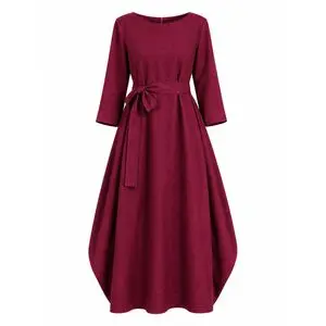 NIKKA PLACE Oversized Maxi Linen Dress With Belt - Red