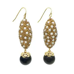 FARRA Tiger Eye With Rhinestones Bordered Pearls Dangle Earrings - Black