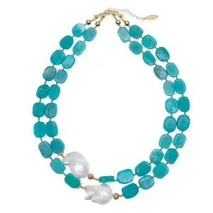 FARRA Amazonite With Baroque Pearls Double Strands Necklace - Green