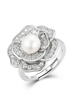 SANTINNI Tsarina' Flower & Freshwater Pearl Ring - Silver