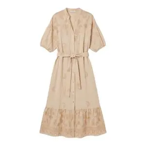 LATELIER LONDON Embroidered Cotton Midi Shirt Dress - Beige