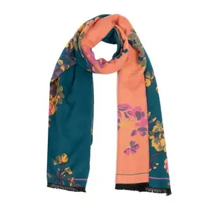 Saachi Two Tone Floral Reversible Teal Scarf - Blue