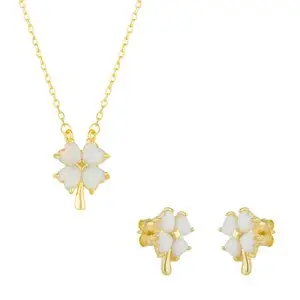 SPERO LONDON White Opal Four Leaf Clover Sterling Silver Necklace & Earring Set - Gold