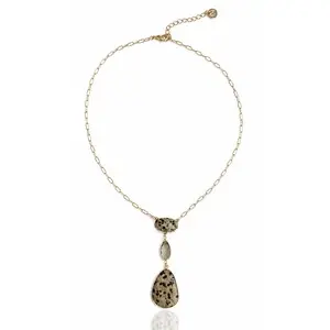 RARE MATTERS JEWELRY Delicate Dalmatian Jasper & Smoky Glass Drop Necklace - Brown