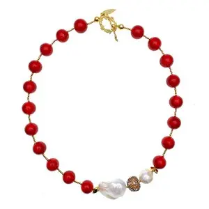 FARRA Corals With Baroque Pearl & Rhinestone Statet Necklace - Red