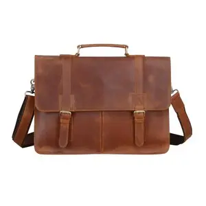 TOURI Worn Look Genuine Leather Laptop Bag - Brown