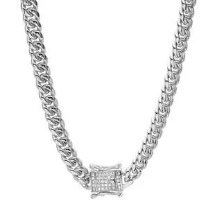 STEELTIME Stainless Steel 8mm Miami Cuban Necklace Chain With Cz Box Clasp 24 Inch - Silver