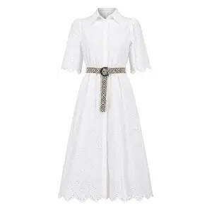 IZABELA MANDOIU Broderie Anglaise Midi Shirt Dress With Detachable Belt And Pockets - White