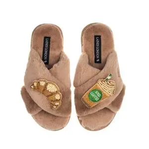 LAINES LONDON Classic Slippers With Croissant And Iced Coffee Brooches - Brown
